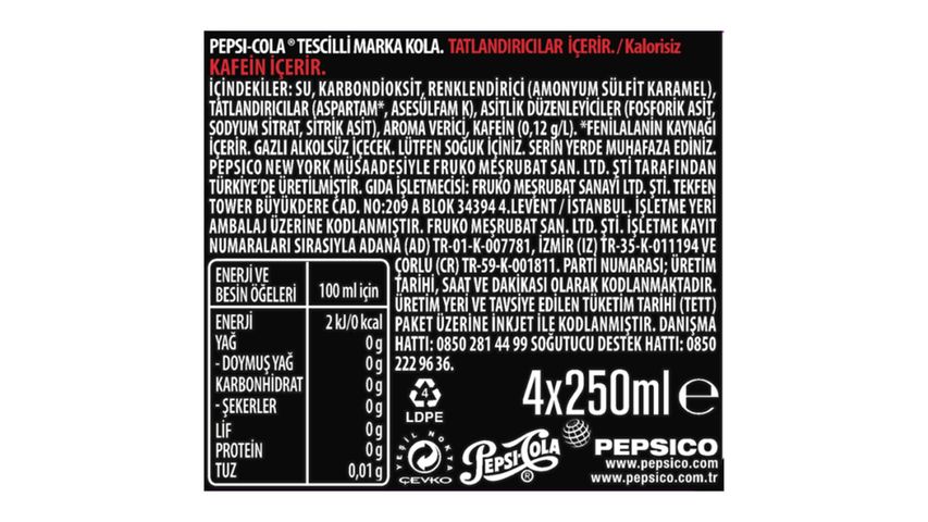Pepsi Zero Sugar Kola Kutu 4 x 250 ml - yemeksepeti.com